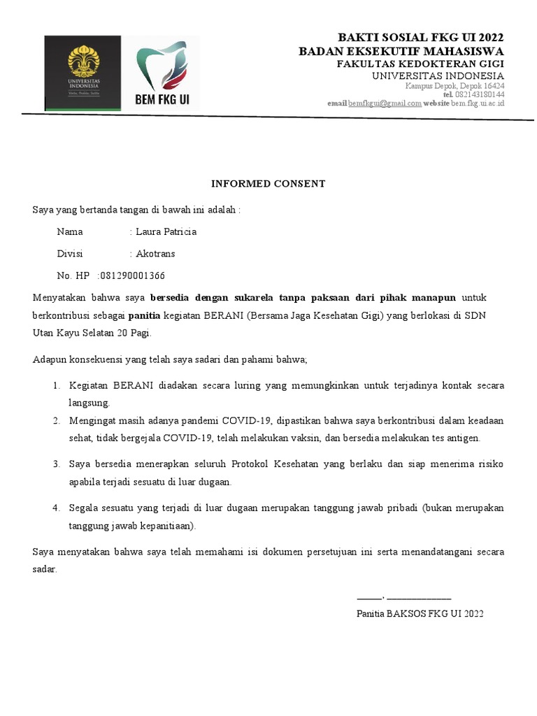 Informed Consent Panitia Baksos FKG Ui 2022 | PDF