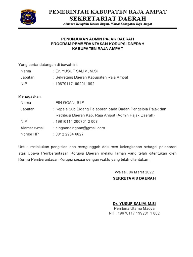 Penunjukkan Admin Pajak Daerah Kabupaten Raja Ampat | PDF