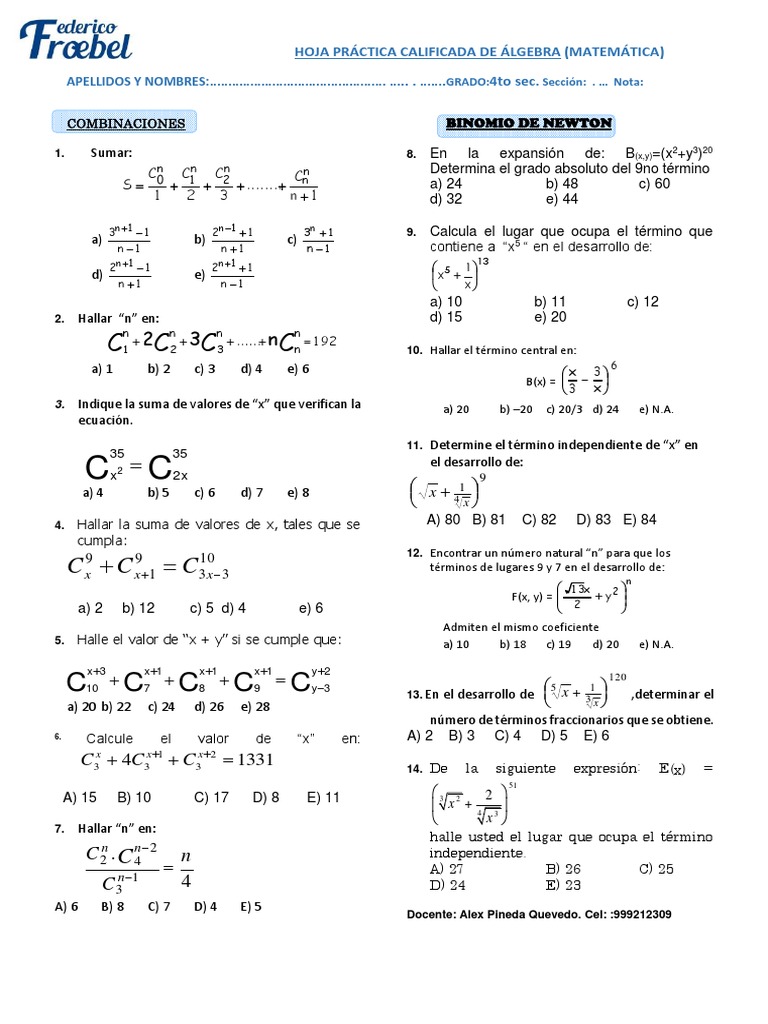 Hoja Práctica ALGEBRA 4°SEC 170823 | PDF | Matemáticas | Álgebra