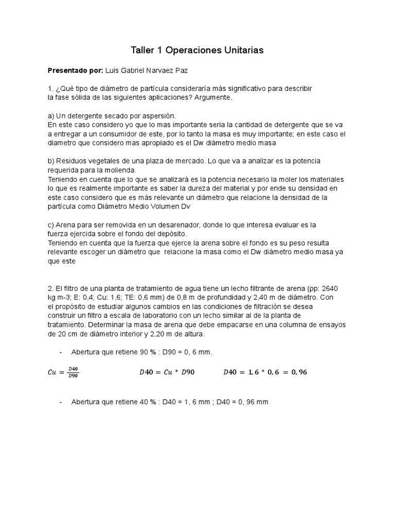 Taller Operaciones Unitarias | PDF | Masa | Ciencias fisicas