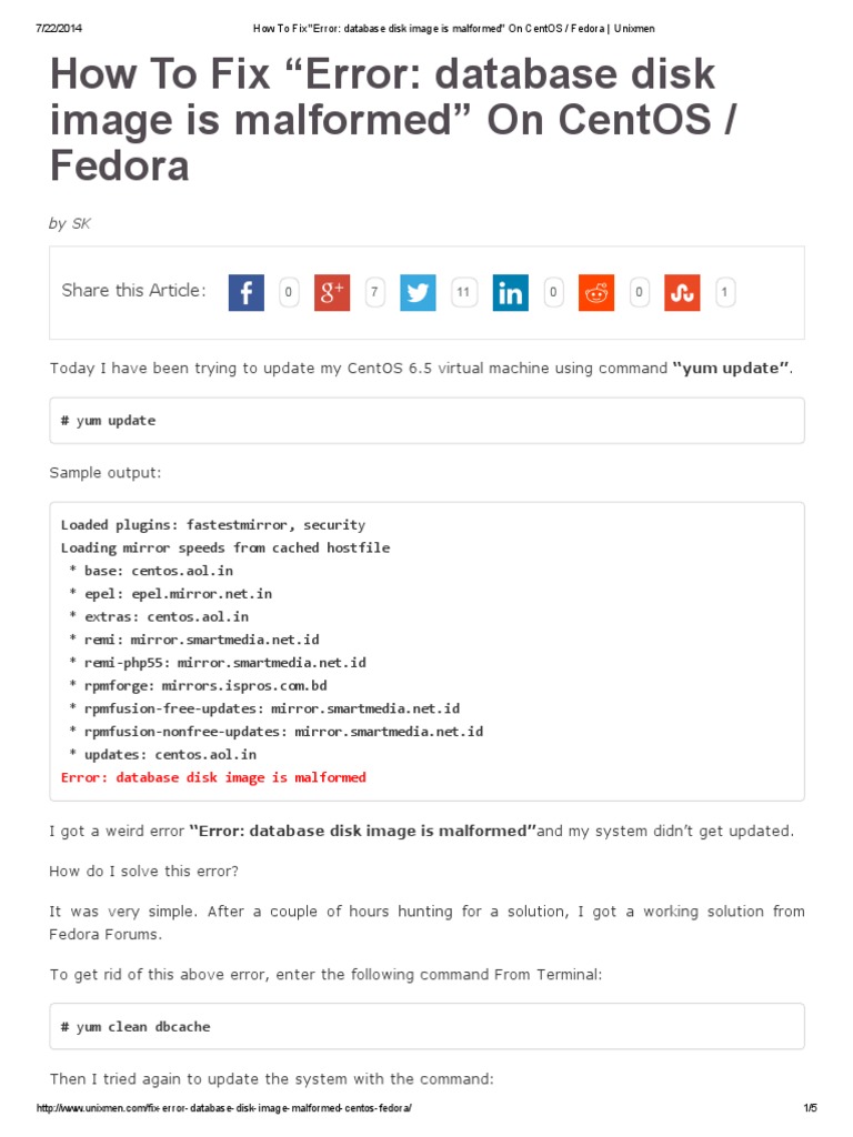 How To Fix - Error - Database Disk Image Is Malformed - On CentOS - Fedora - Unixmen | PDF ...