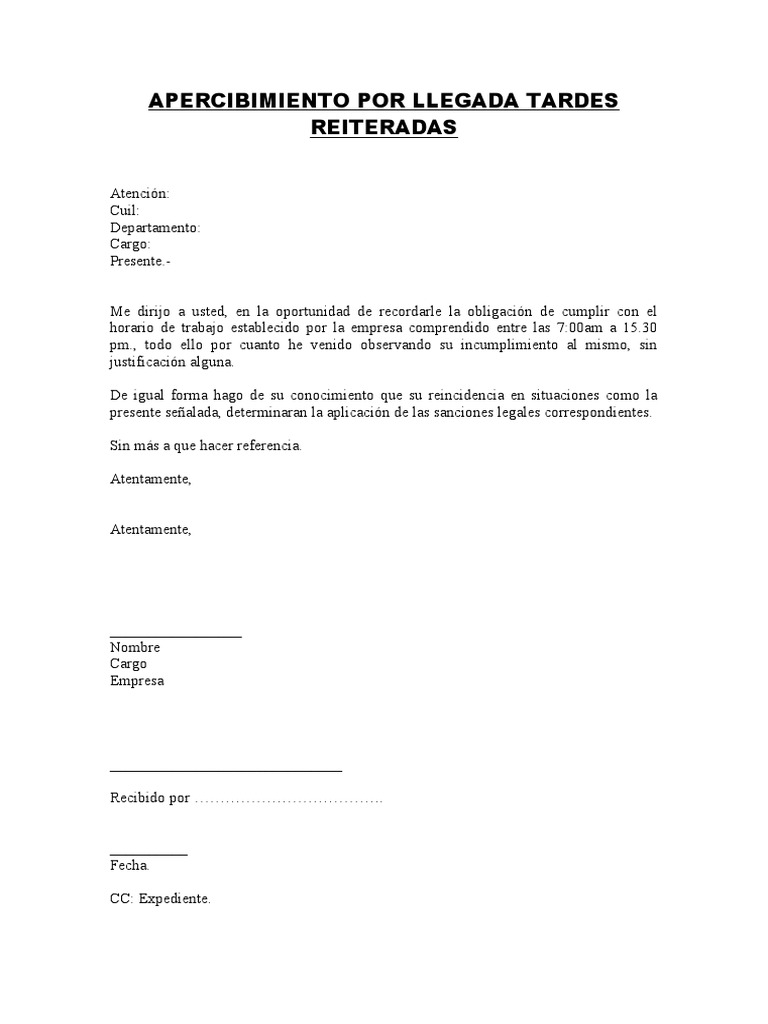 Modelo de Apercibimiento Por Llegada Tardes Reiteradas. | PDF