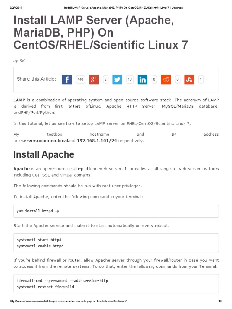 Install LAMP Server (Apache, MariaDB, PHP) On CentOS - RHEL - Scientific Linux 7 - Unixmen | PDF ...