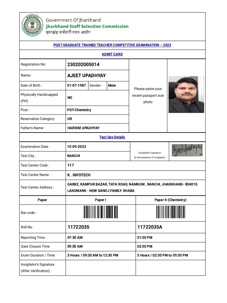 JSSC-PGTTCE Admitcard | PDF | Government And Personhood | Government