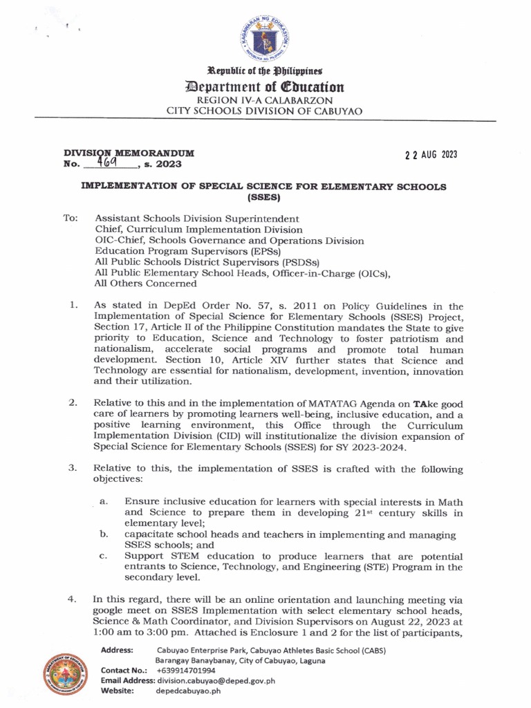 Division Memorandum No. 469 S. 2023 Implementation of Special Science For Elementary Schools ...