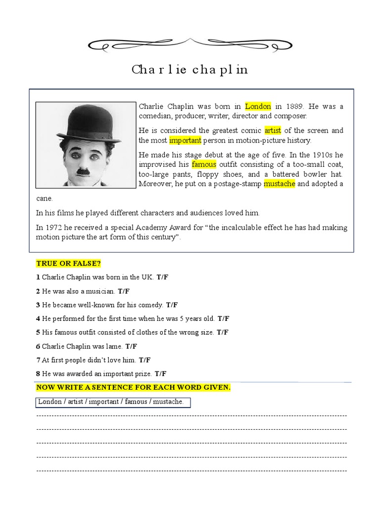 Charlie Chaplin Reading Writing Activity - 151486 | PDF | Art
