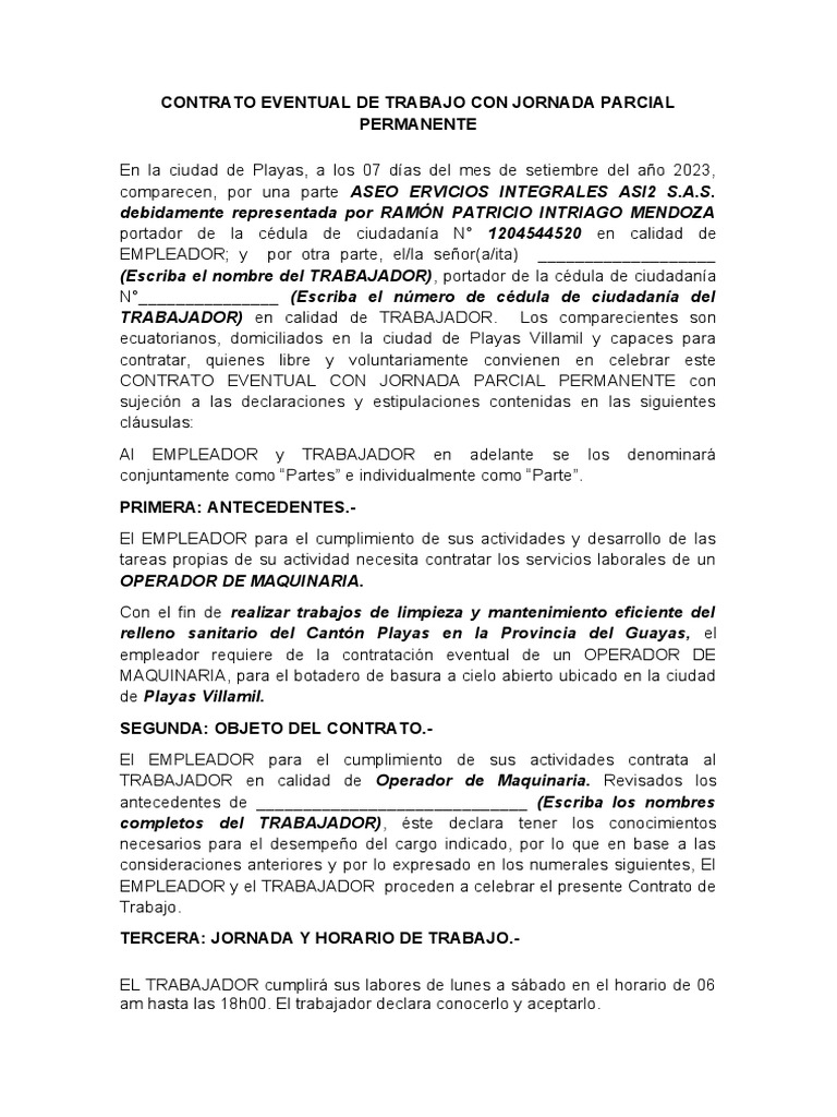 Contrato Eventual de Trabajo Con Jornada Parcial Permanente | PDF | Salario