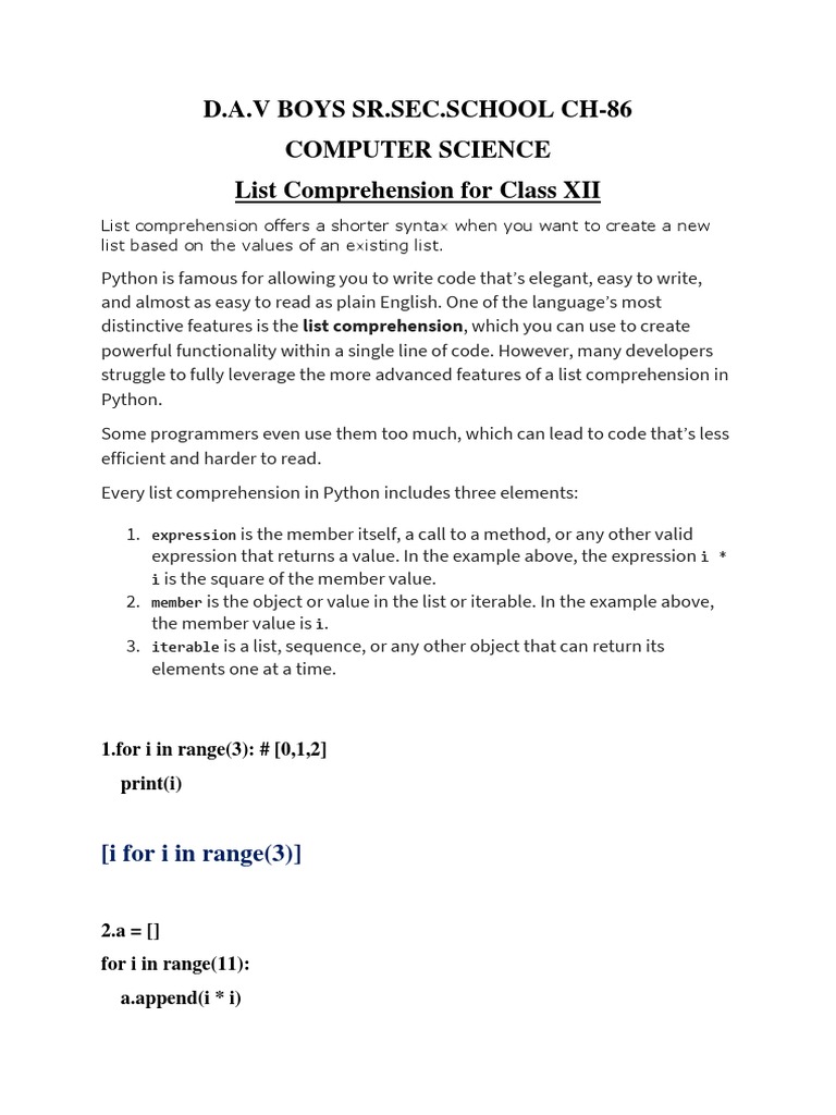 List Comprehension For Class XII PDF Python Programming Language