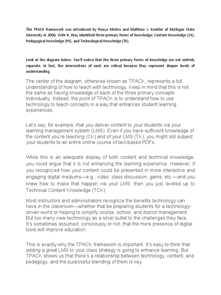The TPACK Framework Was Introduced by Punya Mishra and Matthew J | PDF ...