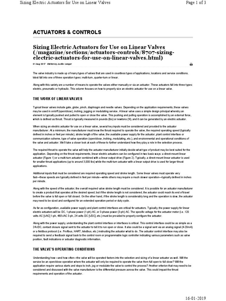 Sizing Electric Actuators For Use On Linear Valves | PDF | Actuator | Valve