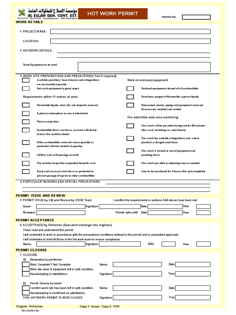 OSHE-F-09, Hotwork Permit Form | PDF | Fires | Safety