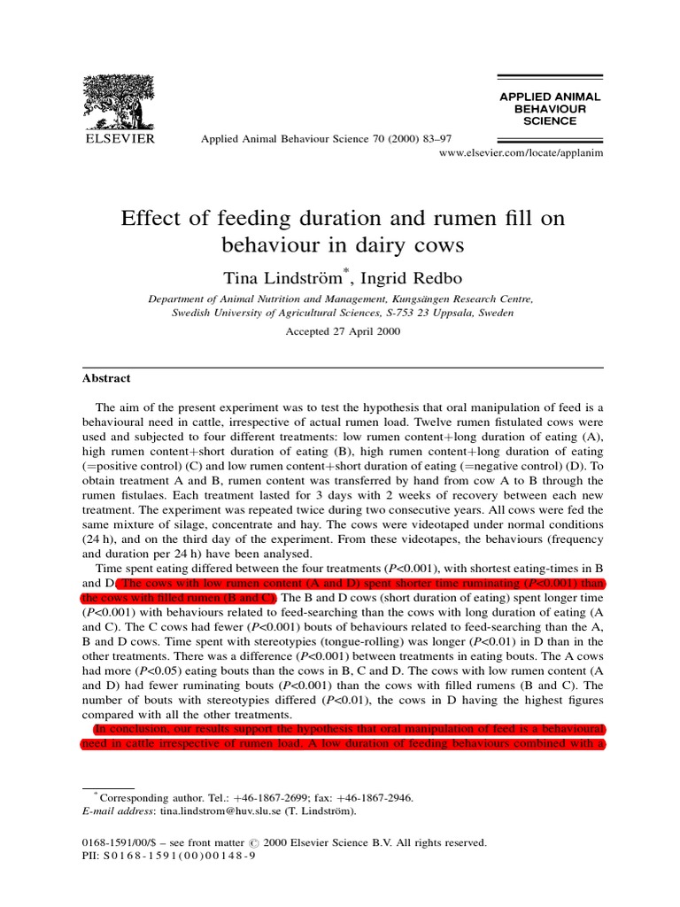 Effect of Feeding Duration and Rumen Fill On Behaviour in Dairy Cows ...