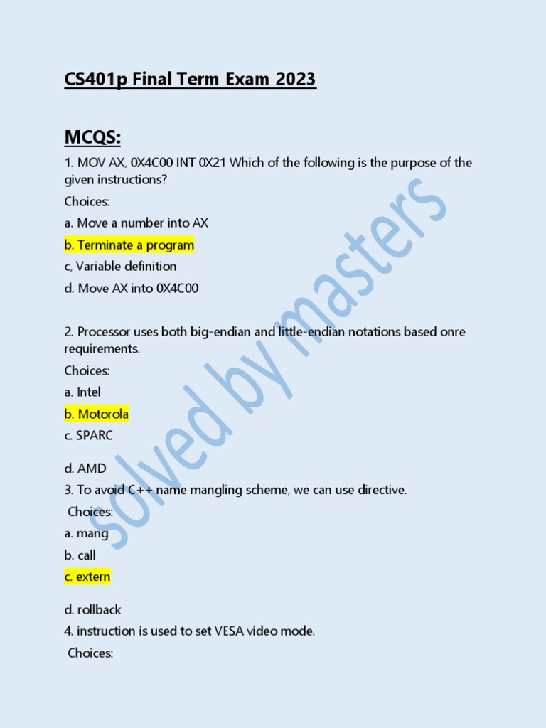 CS401p Final Term Exam 2023 MCQs | PDF | 64 Bit Computing | Computer Programming