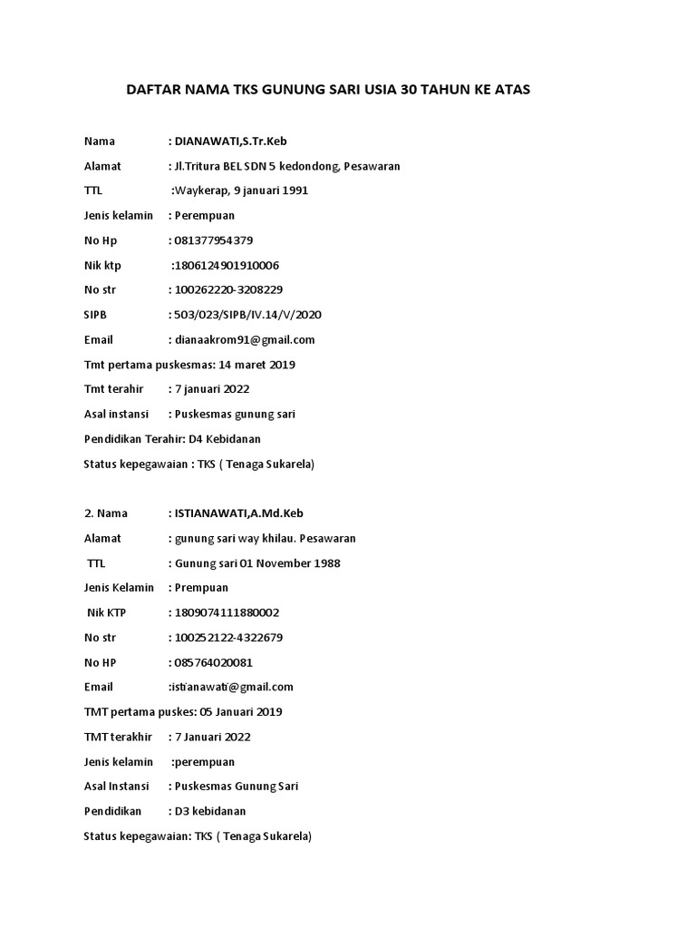 Daftar Nama TKS Gunung Sari Usia 30 Tahun Ke Atas | PDF