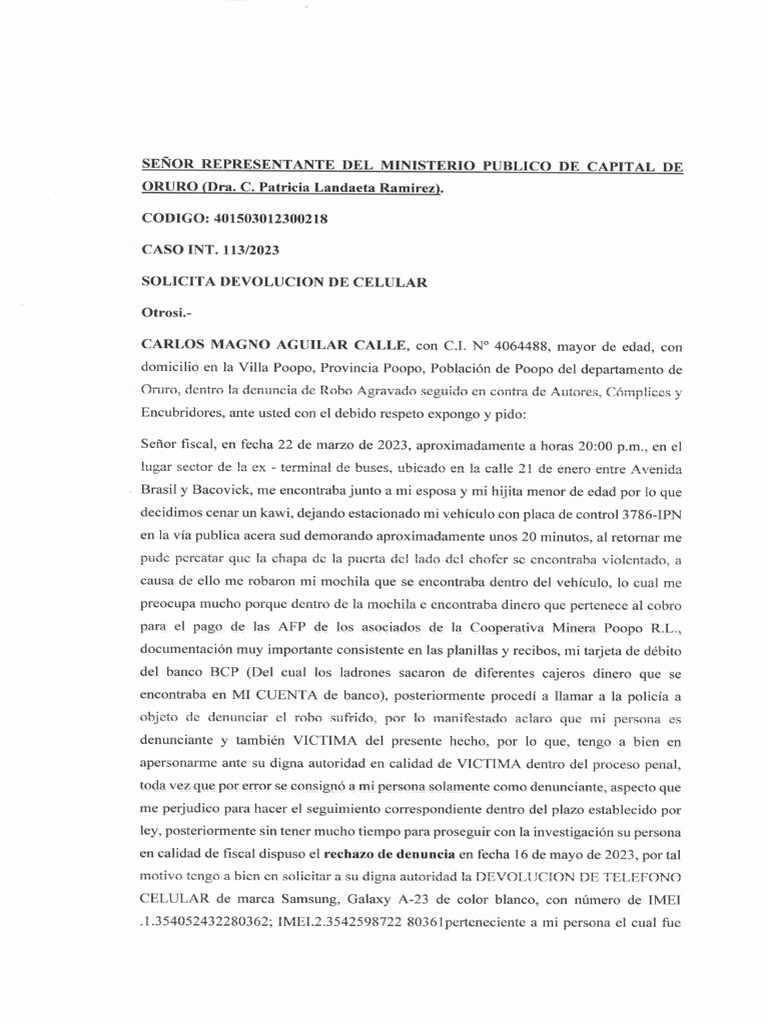 Memorial de Devolucion de Celular Carlos Magno | PDF