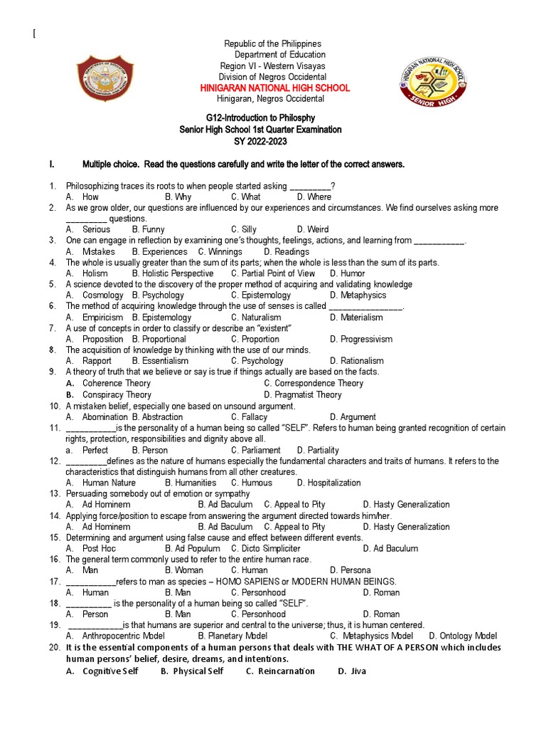 Intro To Philo 2022 2023 1st Quarter Exam and TOS | PDF | Knowledge ...