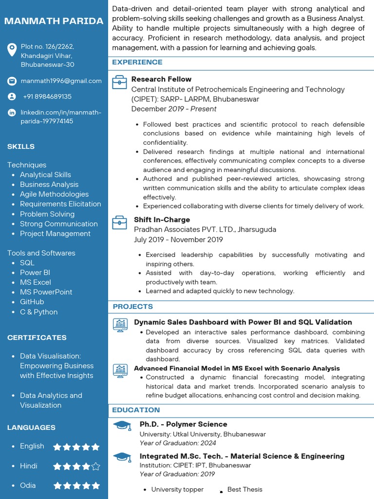 Business Analyst - Manmath Parida Resume | PDF | Scenario Planning | Cybernetics