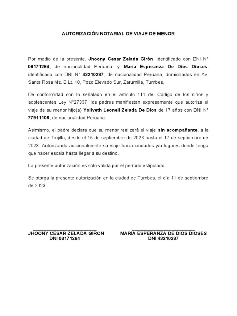 Autorizacion Notarial de Viaje para Menores de Edad | PDF | Gobierno y personalidad | Perú