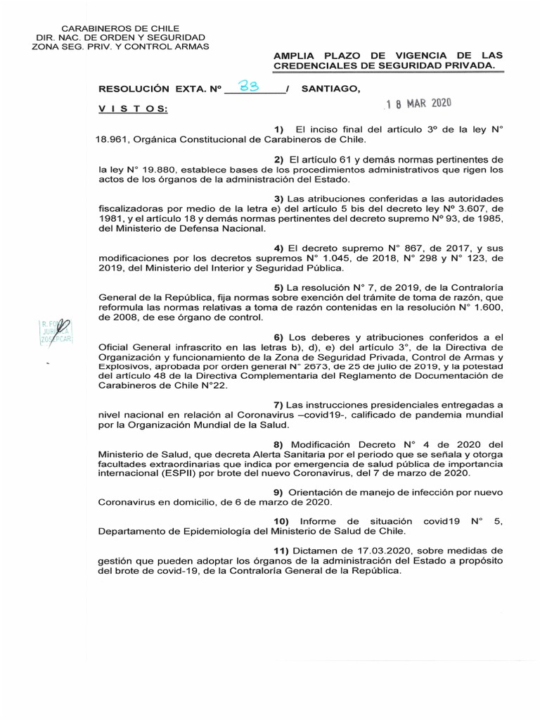 Resolucion Exenta Zosepcar N 33 - Amplia Plazo Vigencia Credenciales Seg Priv | PDF