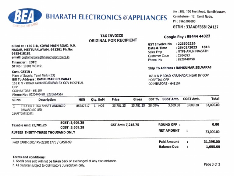 Bharath Electronics &appliances: GSTIN: 33AADFB6812A1Z7 | PDF | Invoice ...