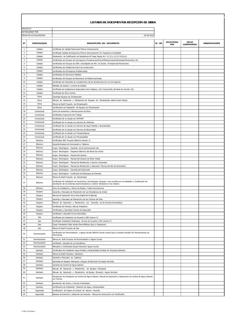 Checklist Tipo Recepción Obras | PDF | Hormigón