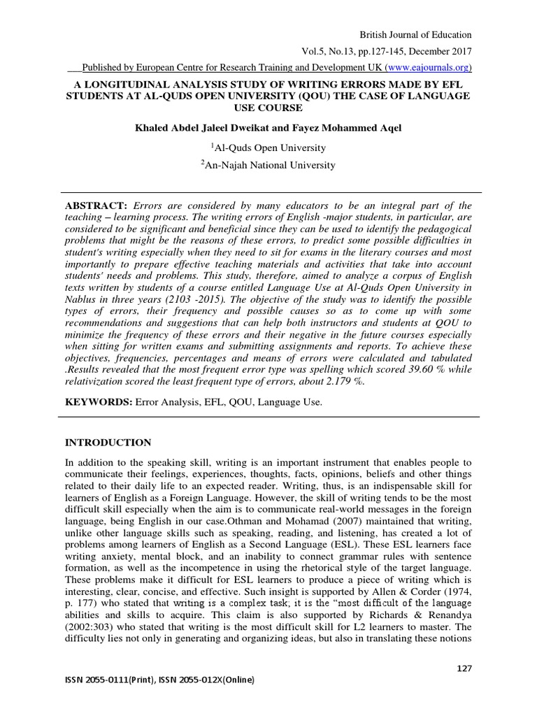 A Longitudinal Analysis Study of Writing Errors Made by EFL Students at ...