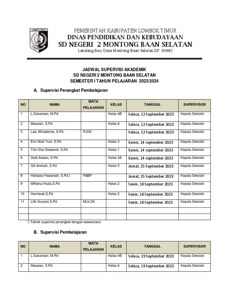 Jadwal Supervisi Akademik | PDF