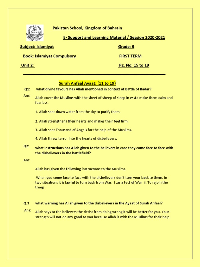 Grade 9 Islamiyat: Surah Anfaal Insights | PDF | Religious Belief And ...