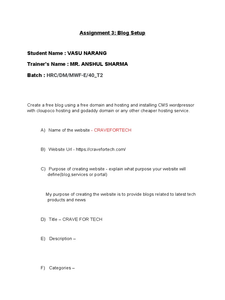 VASU NARANG - Assignment 3 - Blog Setup | PDF