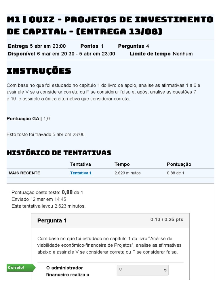 M1 - Quiz - Projetos de Investimento de Capital | PDF | Investimentos | Business