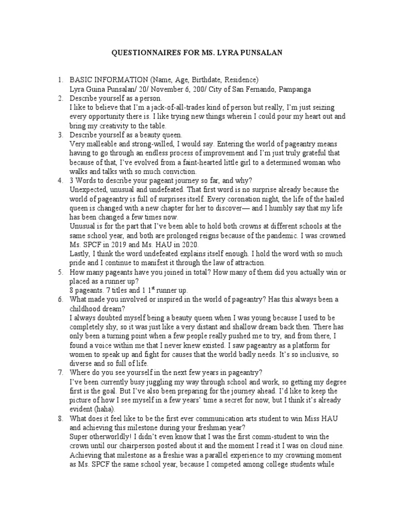 Lyra Punsalans Questionnaires | PDF