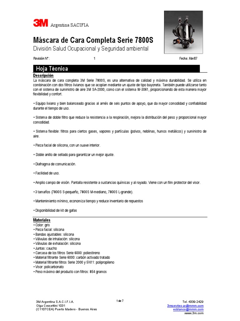 Ficha Tecnica de Mascara Cara Completa Serie 7800 3M | PDF | Cloro | Agua