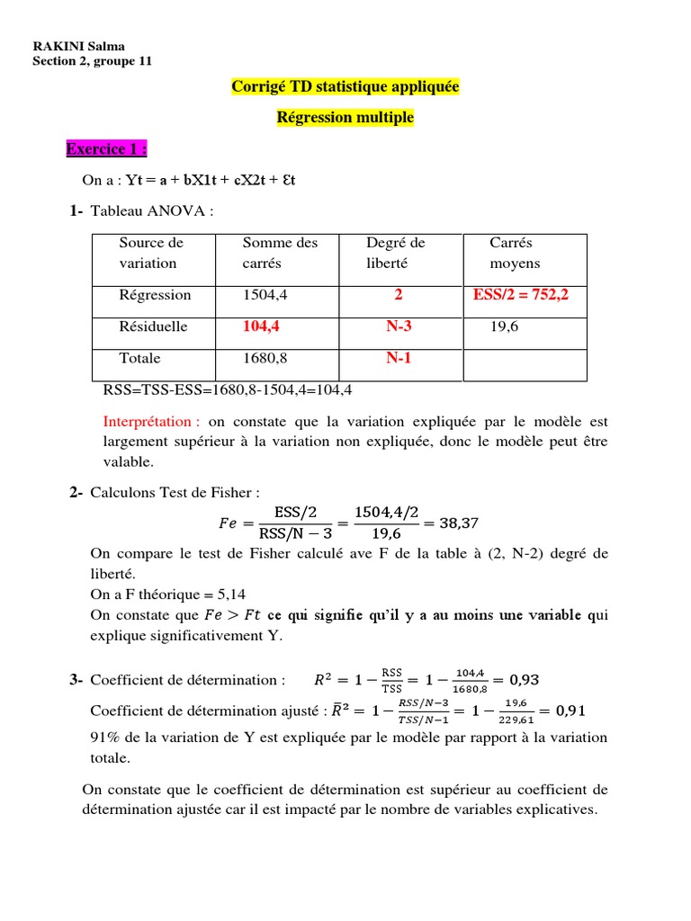 Corrigé TD2 Statistique Appliquée | PDF | Régression linéaire | Analyse ...