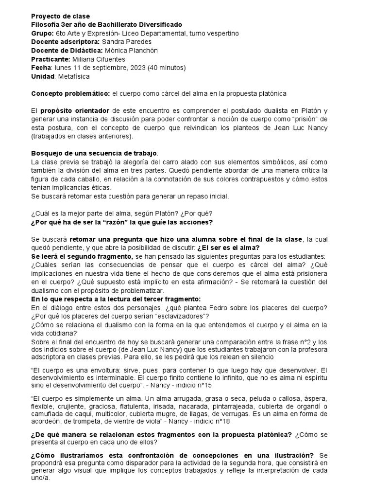 Proyecto de Clase - 3era Visita | PDF | Platón | Alma
