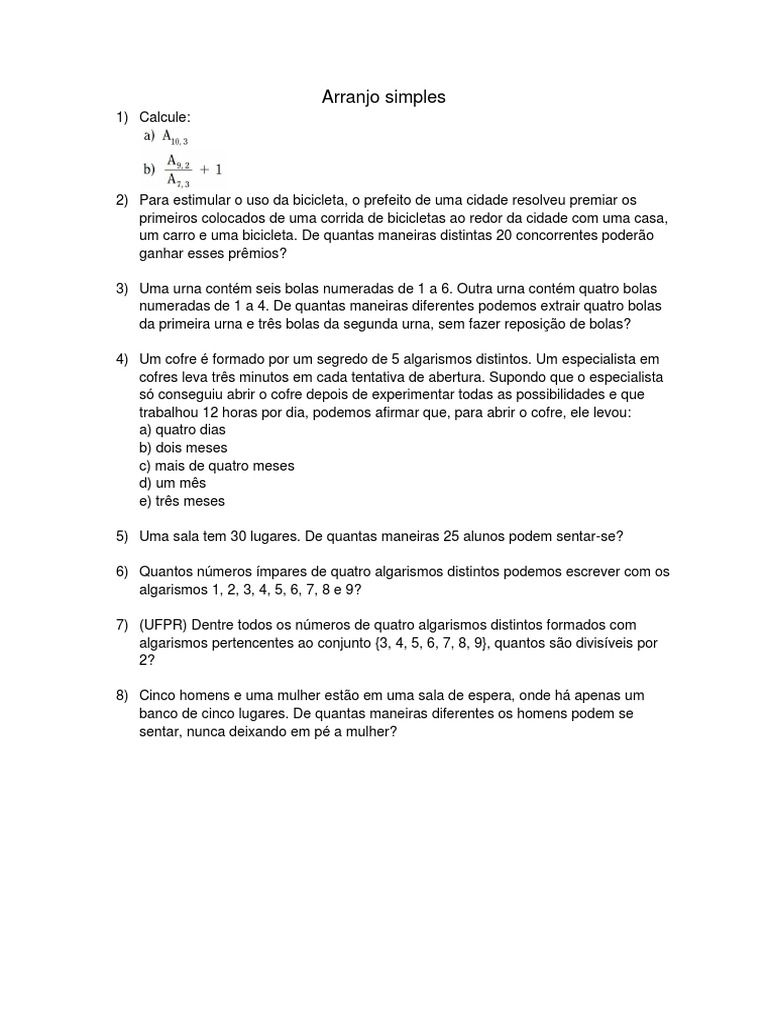 Arranjo Simples (Questões) | PDF