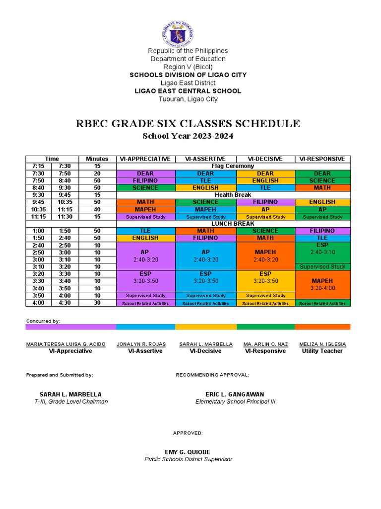 Class Schedules With Dear Grade 6 Sy 2023-2024 | PDF | Teachers | Cognition