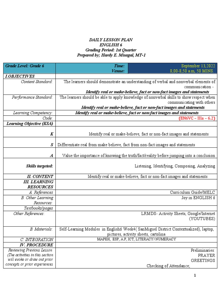 Grade 6 Real vs. Make-Believe Lesson Plan | PDF | Learning | Reality