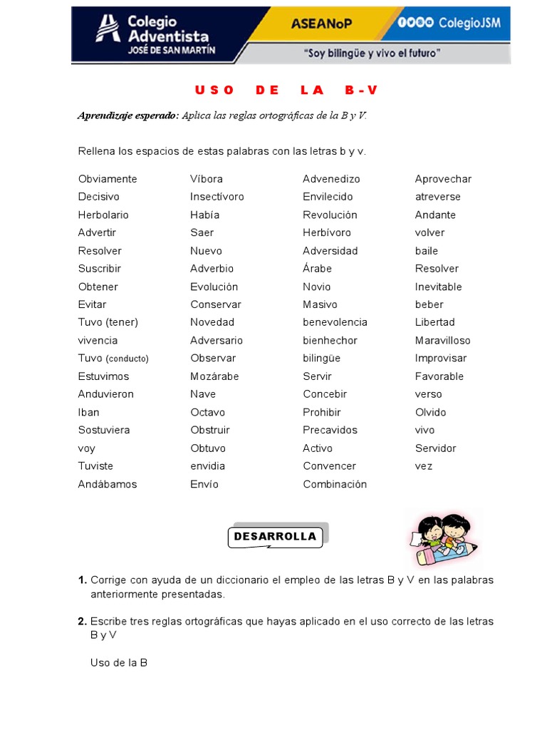 Aprendizaje Esperado: Aplica Las Reglas Ortográficas de La B y V | PDF ...