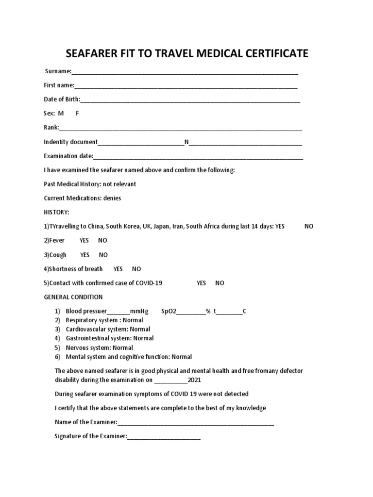 Seafarer Fit To Travel Medical Certificate | PDF