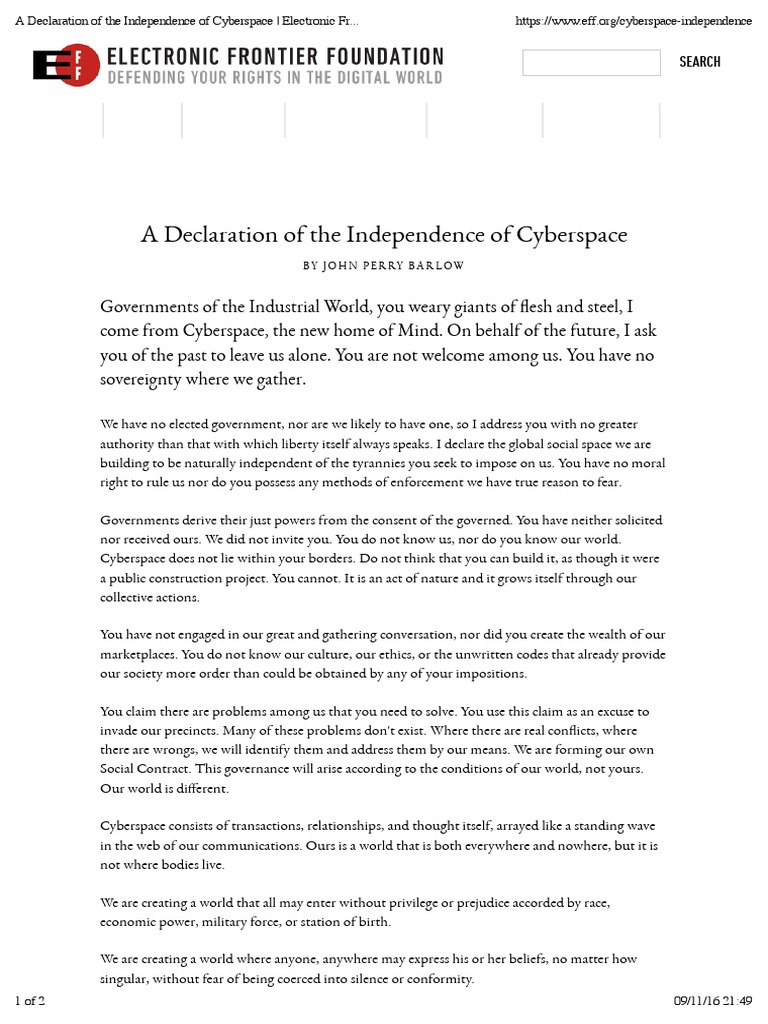 A Declaration of The Independence of Cyberspace Electronic Frontier ...