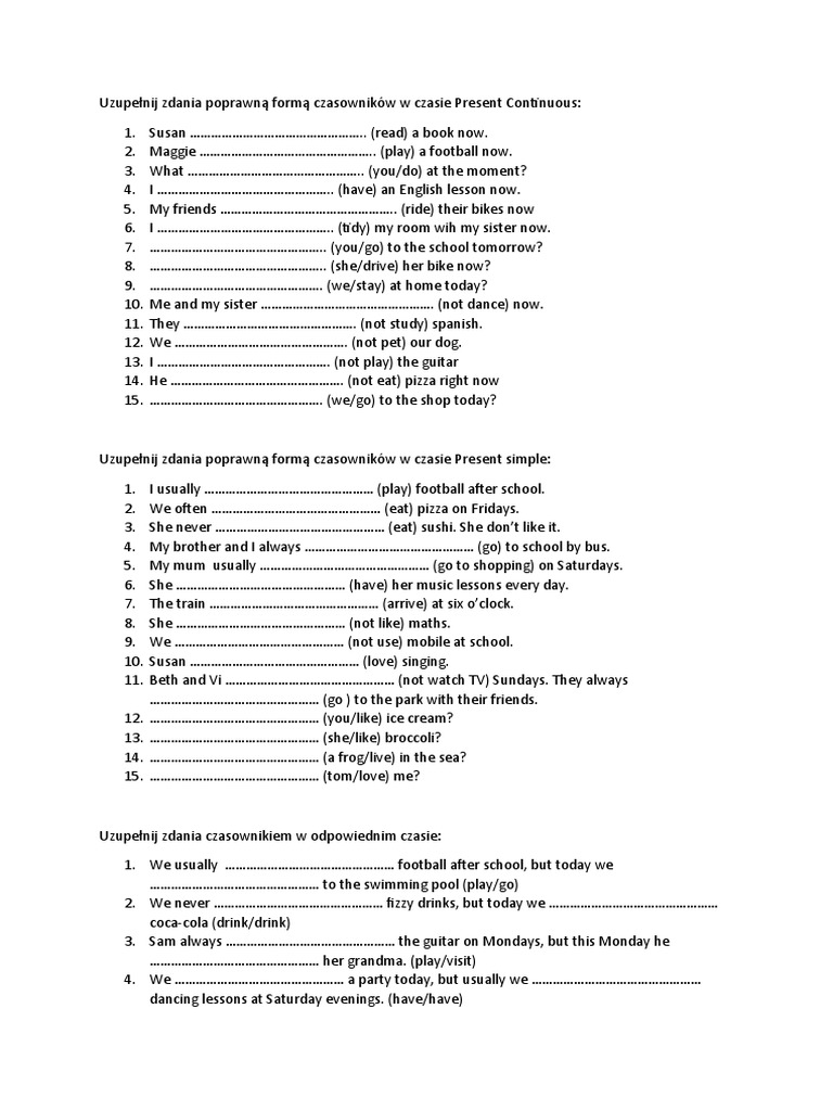 Zadania Present Simple + Continuous | PDF