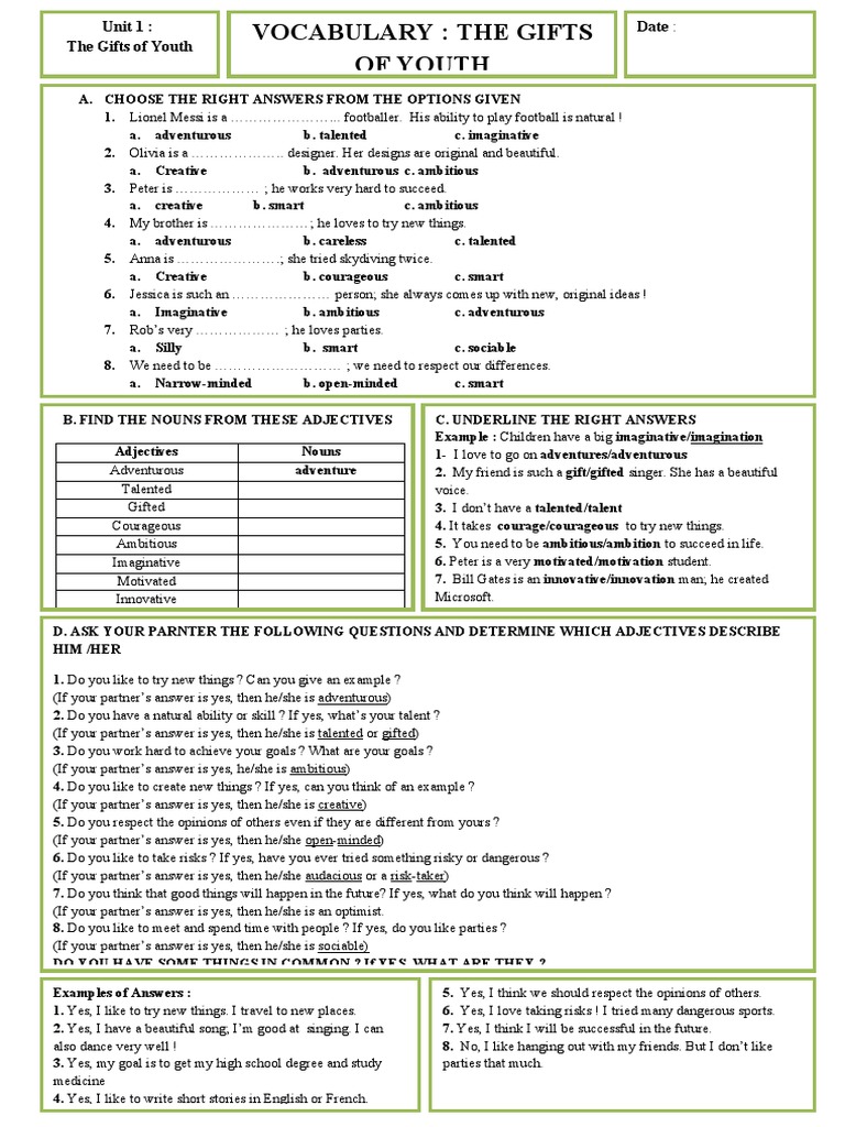 Vocabulary The Gifts of Youth Lesson | PDF