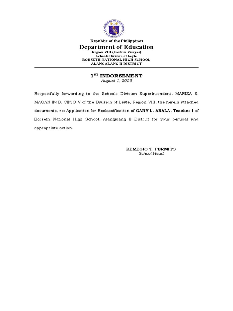 ENDORSEMENT LETTER Reclass | PDF