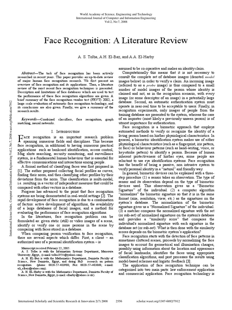 Face Recognition: A Literature Review | PDF | Biometrics | Eigenvalues ...