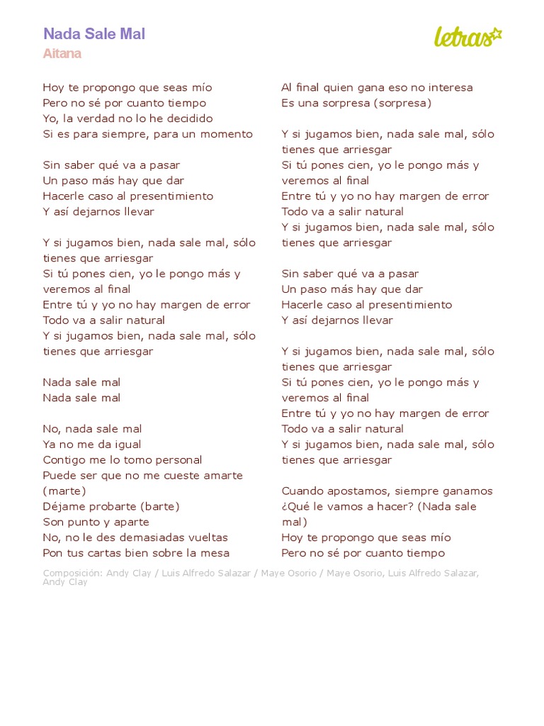 Letras de "Nada Sale Mal" de Aitana | PDF