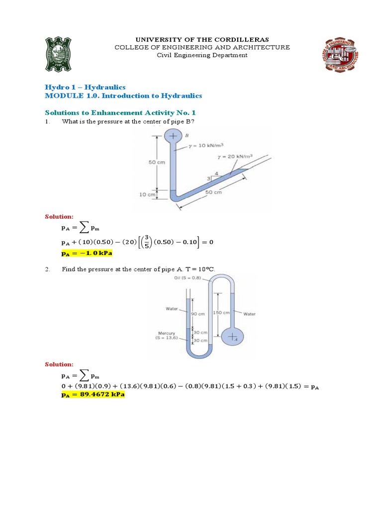 HYDRO 1 - Module 1.5 Hydrostatic Principles (Solutions) | PDF