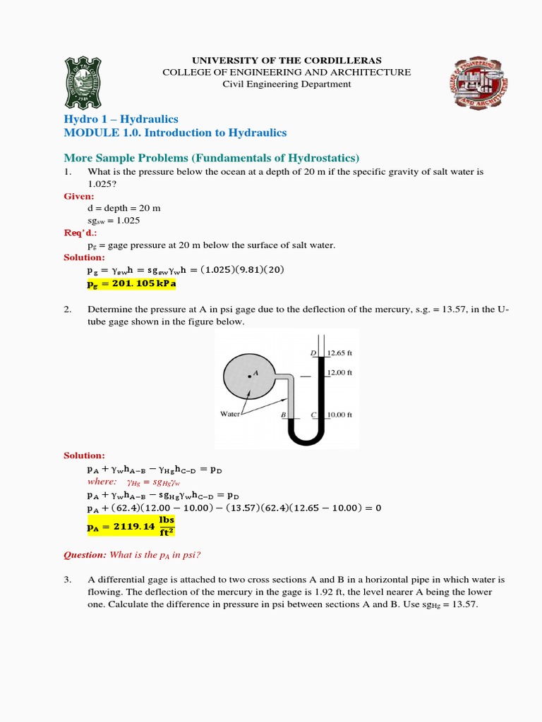 Hydro 1 Module 1 4 Hydrostatic Principles Sample Problems Pdf