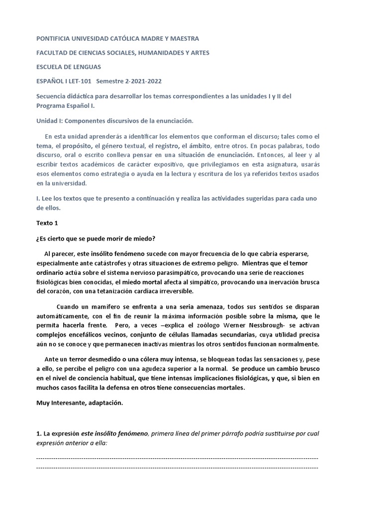 Español I: Enunciación y Miedo | PDF | Temor