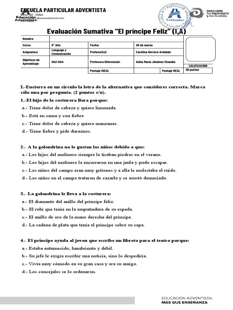 Prueba de 5° Plan Lector El Principe Feliz. Listo | PDF