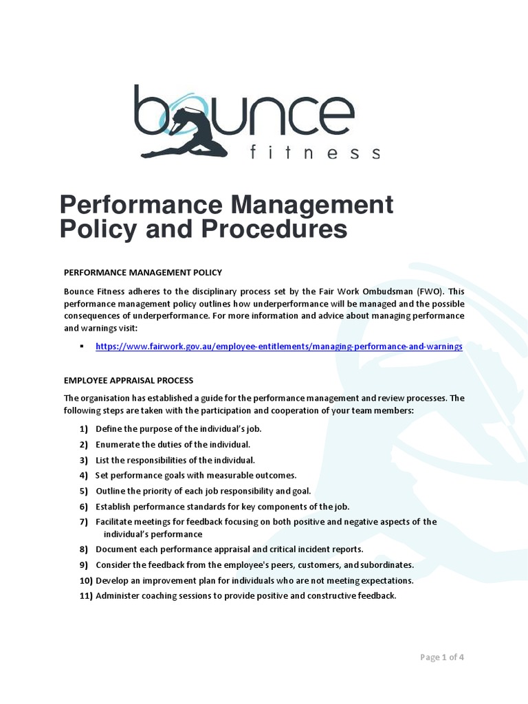 BSBHRM411 Case Study - Bounce Fitness Performance Management Policy and ...